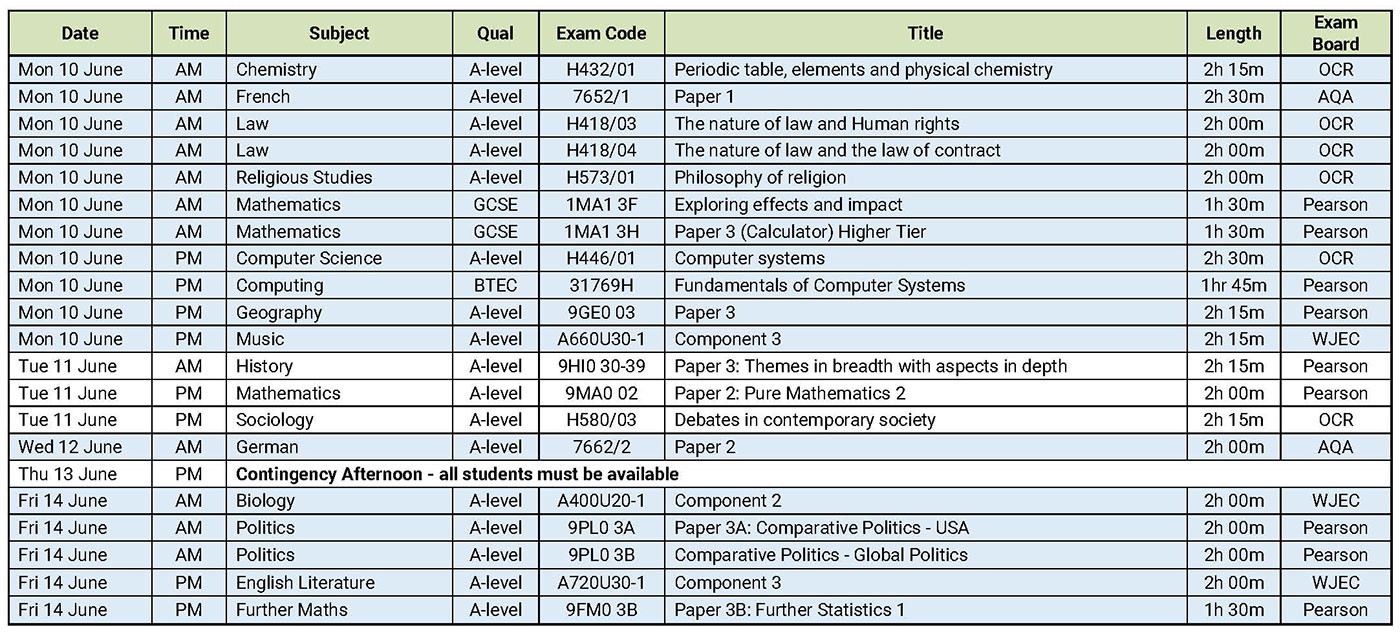 BHASVIC Summer Exams Calendar - 2024